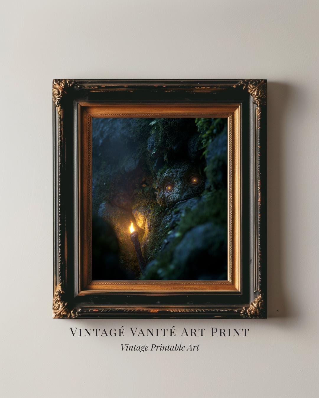 Mossy Cave Cryptid Wall Art Glowing Eyes in Forest Stone Hidden ...