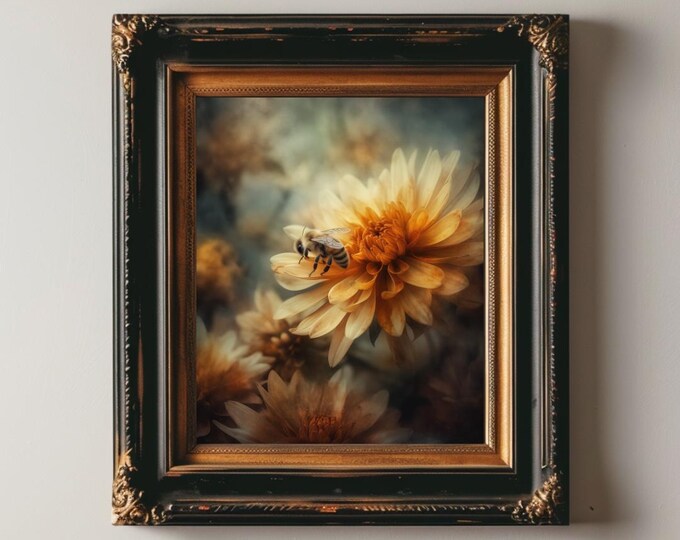 Boho Bee in Yellow Flower Print, Moody Bumlebee Decor, Botanical ...