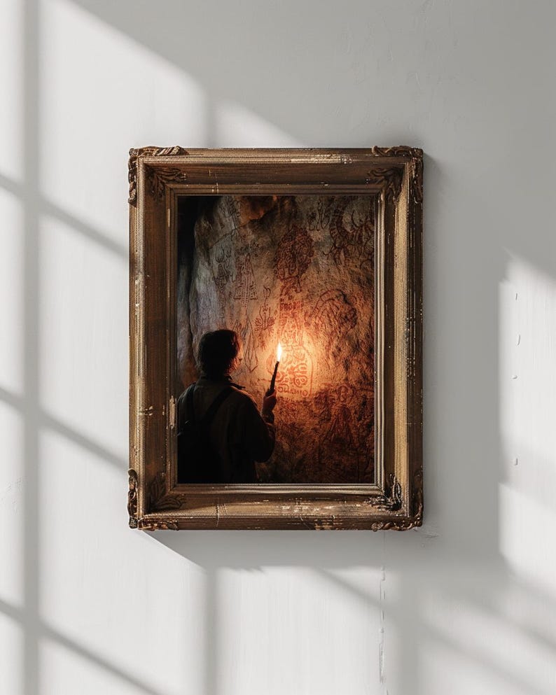 Ancient Cave Painting Explorer Wall Art Mysterious Cryptidcore Torchlit ...