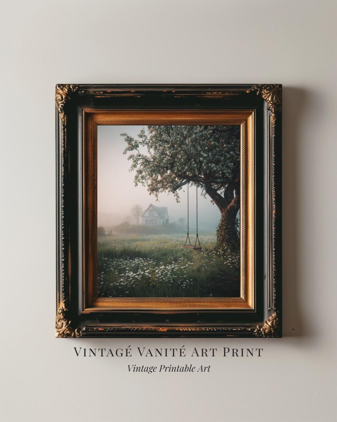 Rustic Swing Tree Print Cottagecore Meadow Wall Art – Whimsical Floral ...