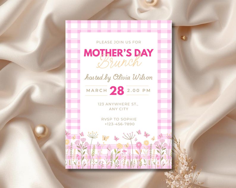 Mother’s Day Brunch Invitation Template, Editable Pink Gingham Floral ...