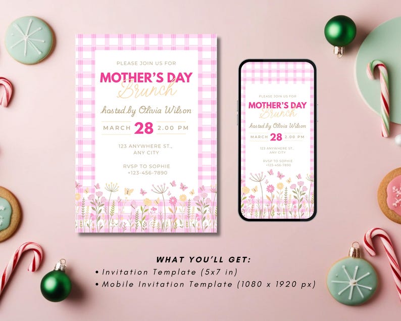 Mother’s Day Brunch Invitation Template, Editable Pink Gingham Floral ...