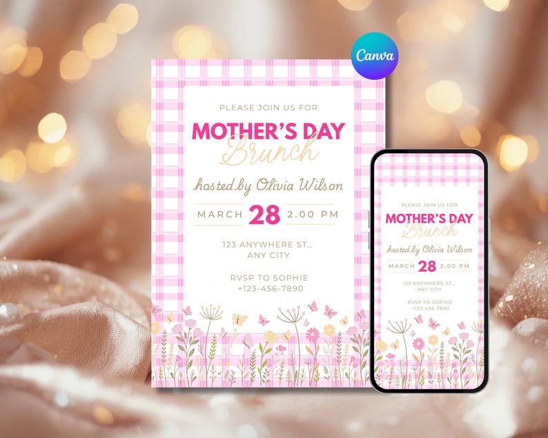 Mother’s Day Brunch Invitation Template, Editable Pink Gingham Floral ...