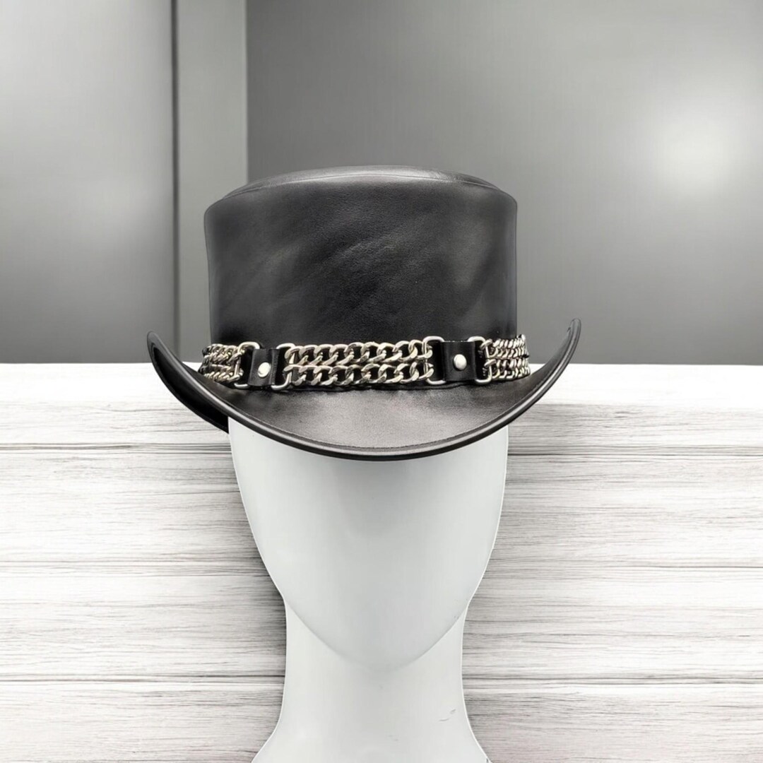 Handmade Leather Top Hat, Black Gothic Hat, Silver Chain Band ...