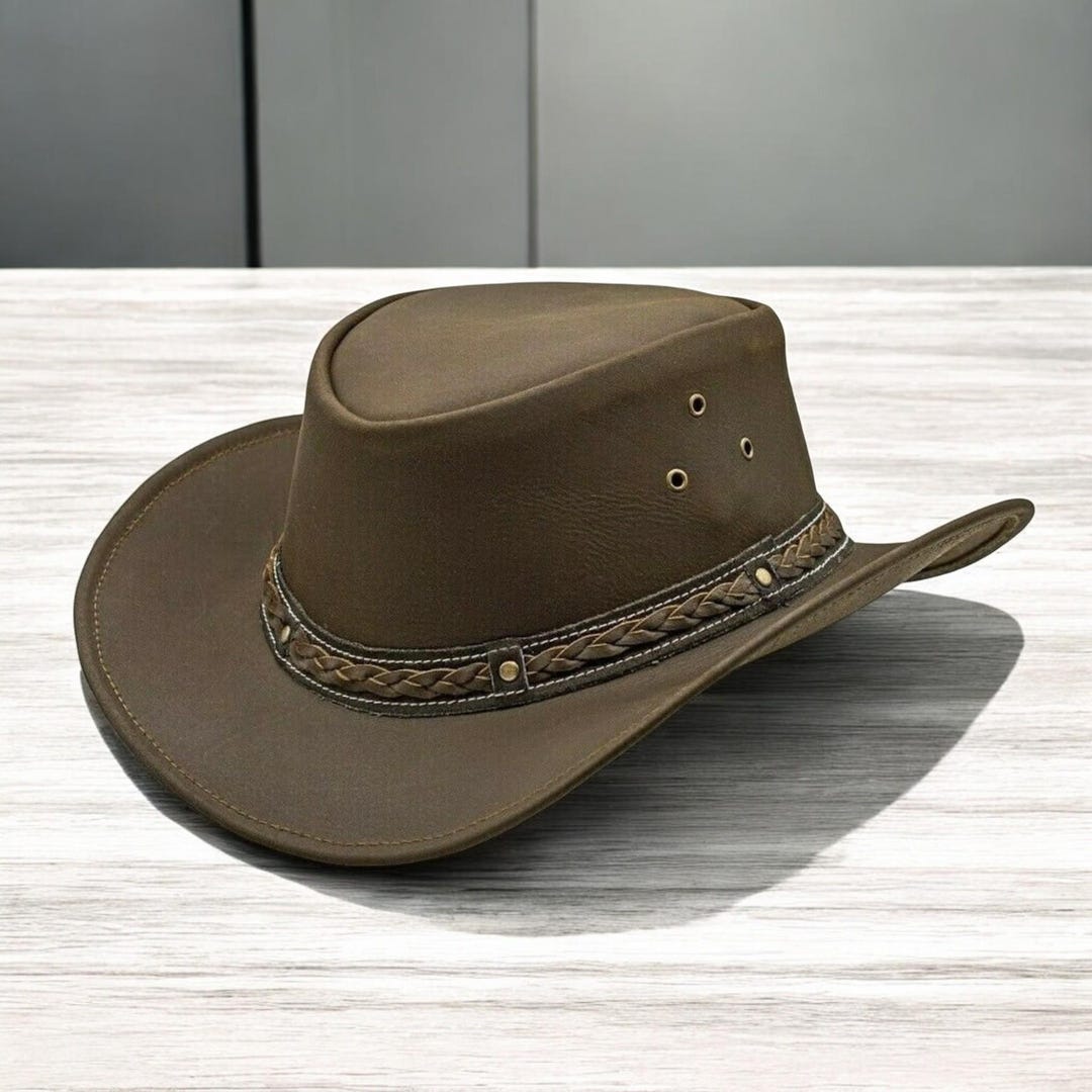 Brown Cowboy Hat, Handmade Leather Outback Hat, Rustic Western Braided ...
