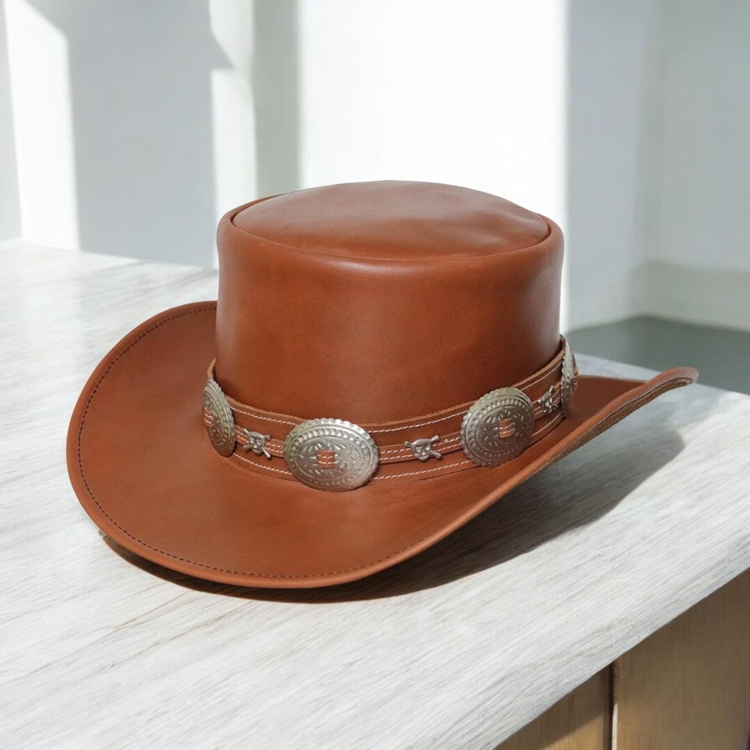 Handmade Brown Leather Top Hat: Western Cowboy Steampunk Concho Hat - Etsy