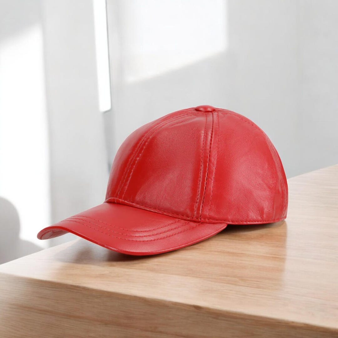 Red Leather Cap, Genuine Handmade, Classic Cowhide, Casual Baseball ...