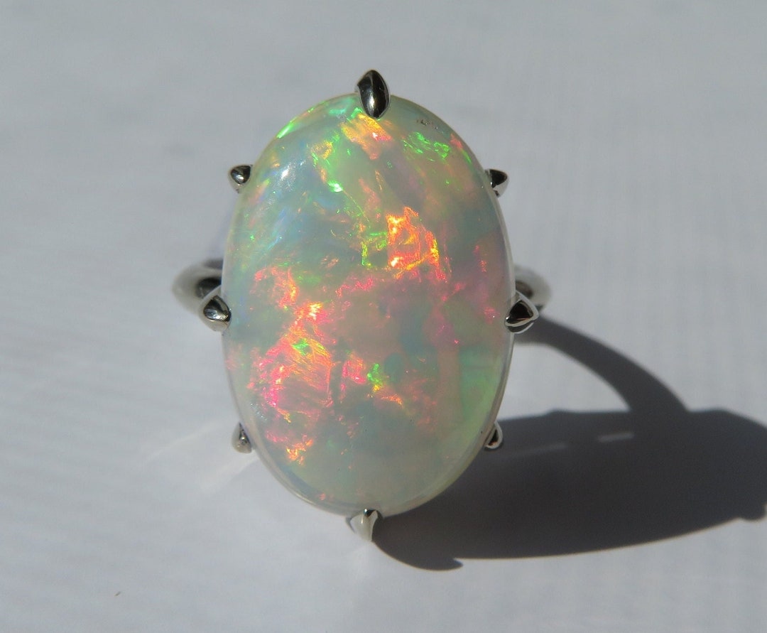Extra Large Color Play Opal Ring in 14K White Gold Cocktail Ring, 8 ...