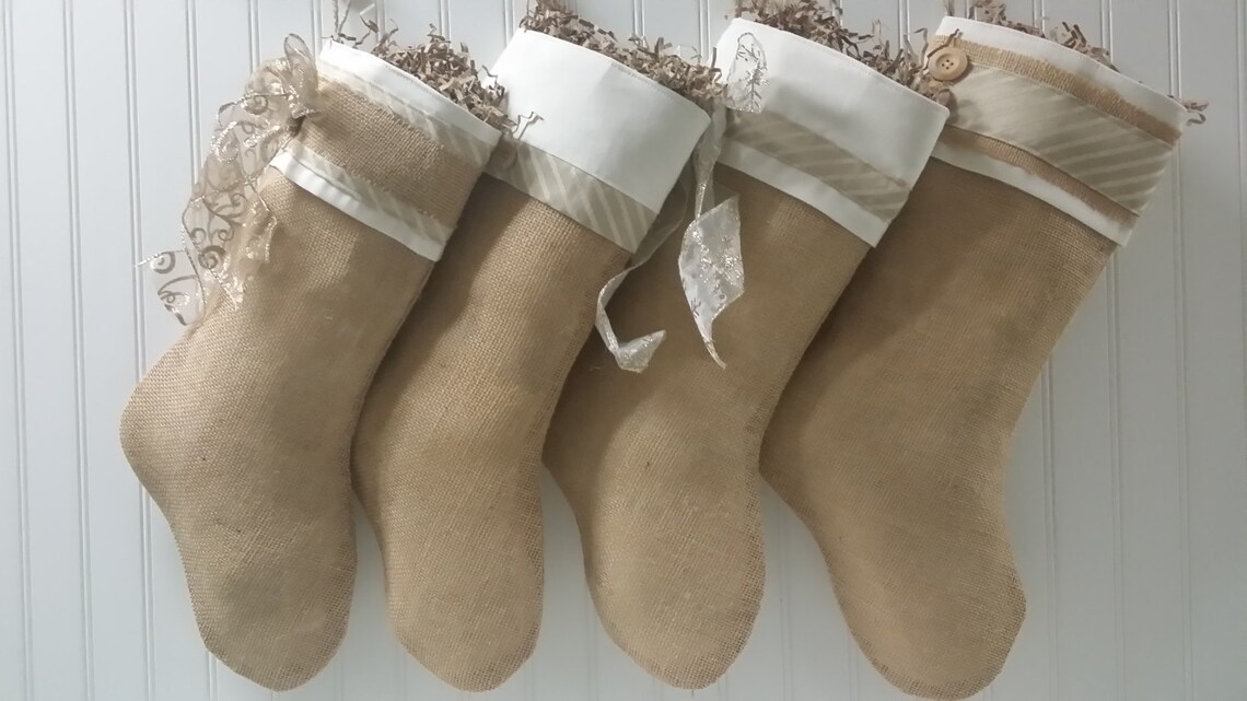 Christmas Stocking with gold and cream accents and 3 wood | Etsy