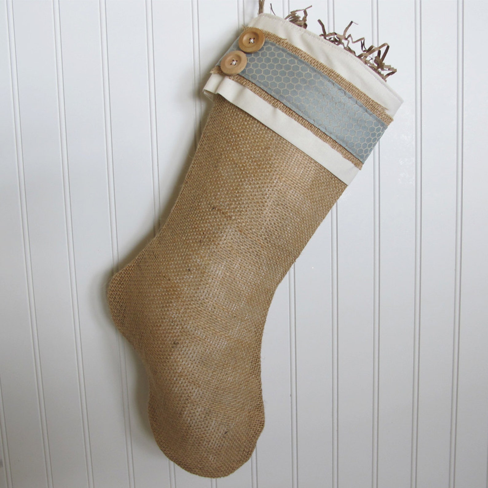 Christmas Stocking With Light Blue Accents on Burlap Stocking - Etsy