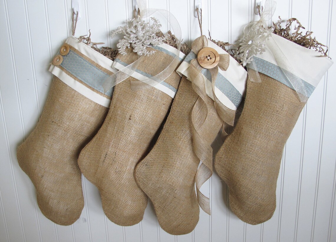 Christmas Stocking With Light Blue Accents on Burlap Stocking - Etsy