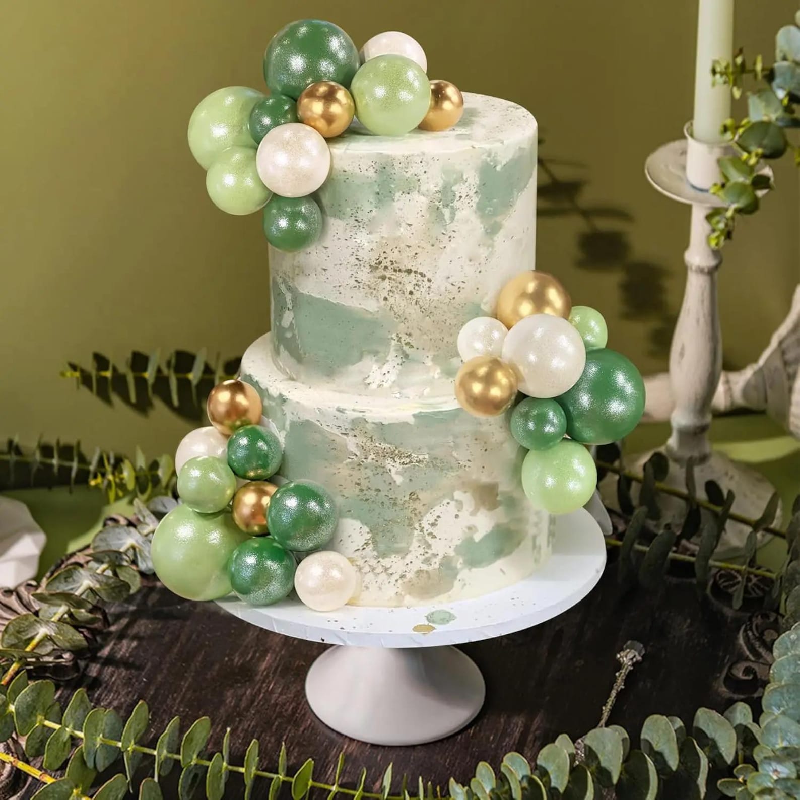 30pcs Pearl Green Cake Topper Balls Green White Gold Balls Cake Topper ...