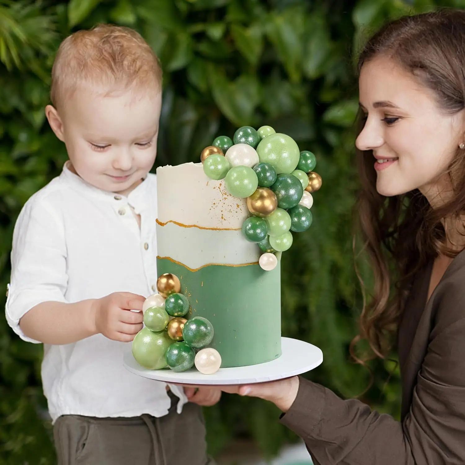 30pcs Pearl Green Cake Topper Balls Green White Gold Balls Cake Topper ...