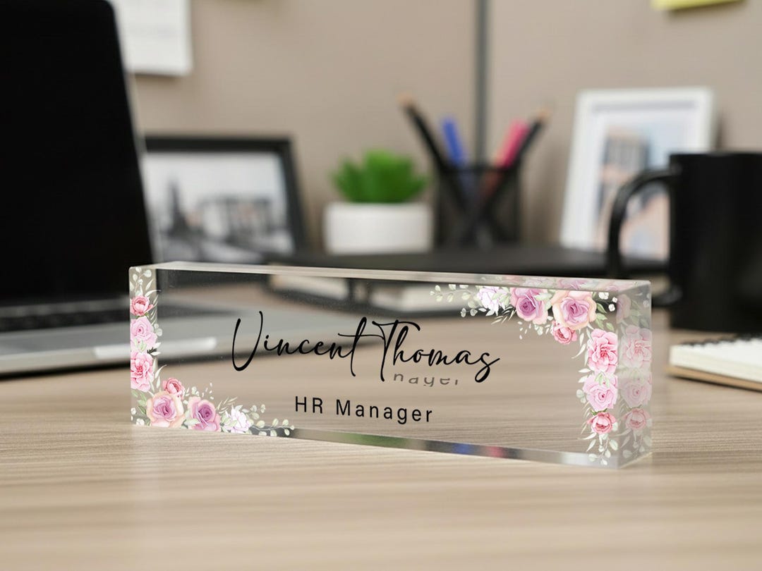 Desk Plaque,acrylic Desk Name Plate, Floral Office Decor, Custom ...