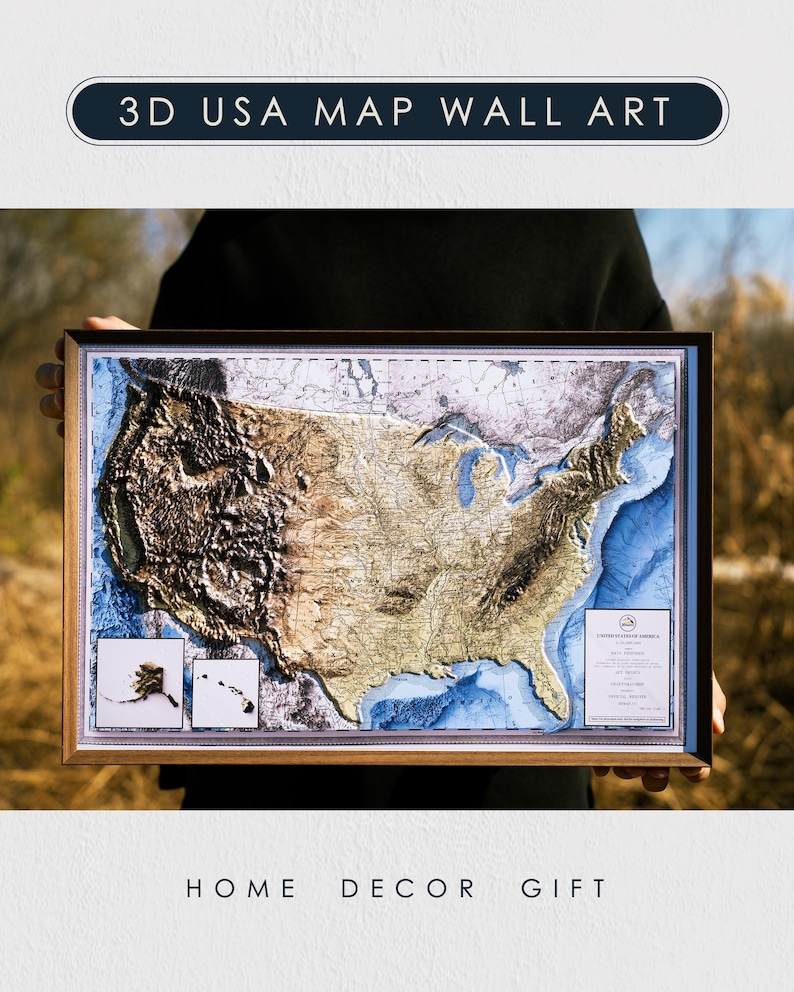 3D Raised Relief USA Map – Topographic Wall Art, Vintage Geography ...