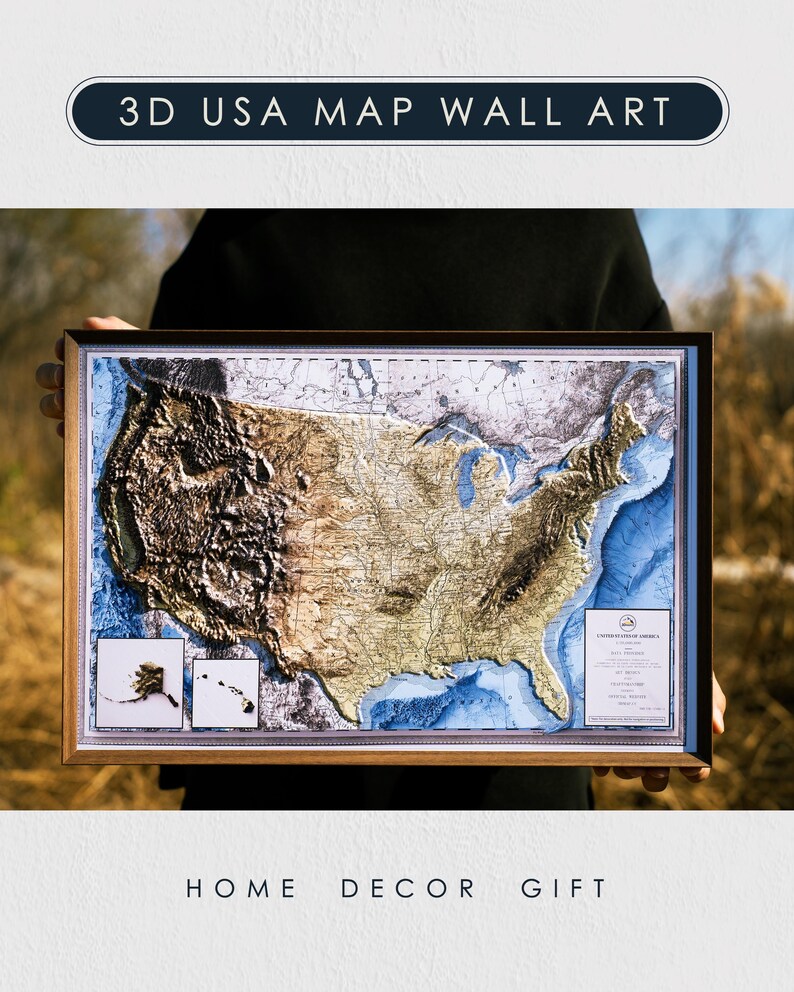 3D Raised Relief USA Map – Topographic Wall Art, Vintage Geography ...