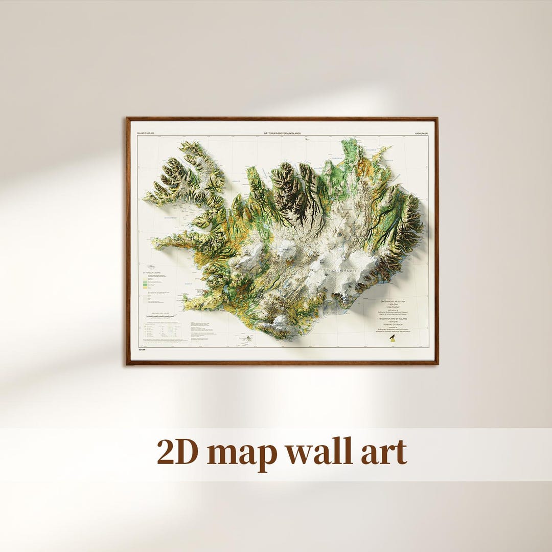 Vintage Iceland Geological Map | 3D Topographic Relief Wall Art | Earth ...