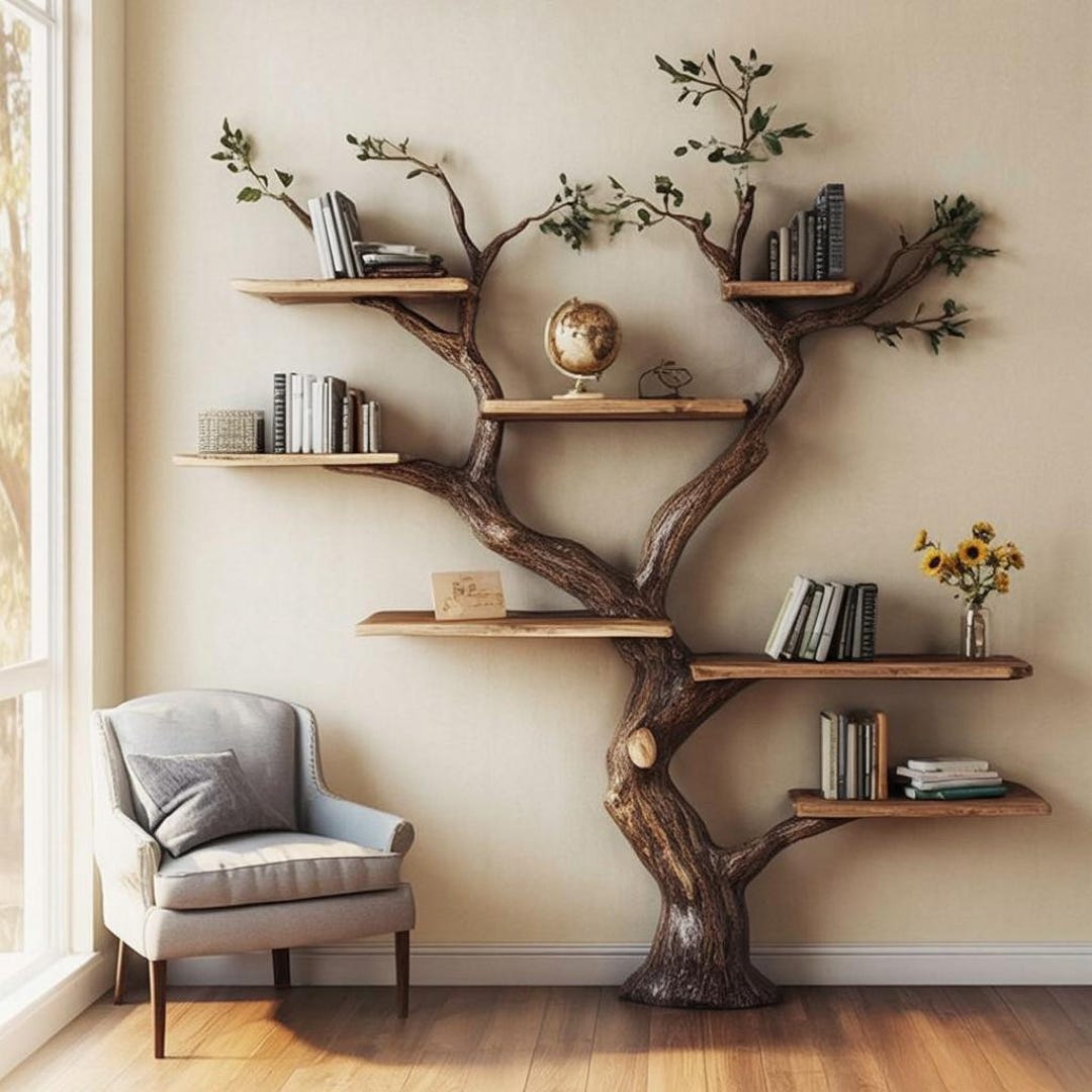 Rustic Tree Shaped Bookshelf – Nature Inspired Wooden Wall Bookcase - Etsy