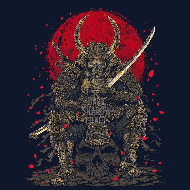 Dark Samurai Skeleton Art Print With Red Moon and Ornate Armor Gothic ...