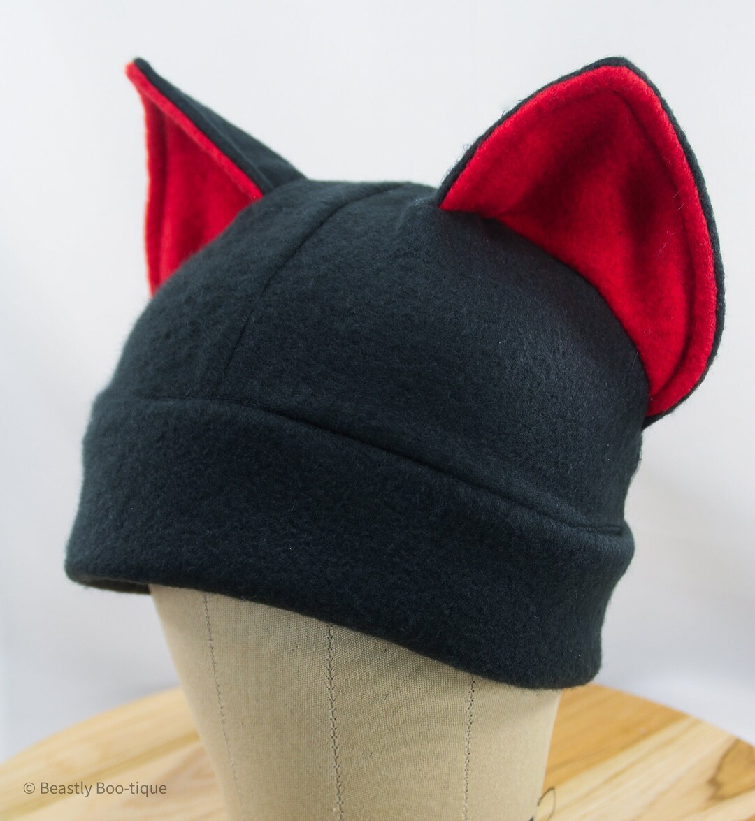 Red and Black Cat Ear Hat, Kawaii Adult Cat Ear Winter Fleece Hat - Etsy