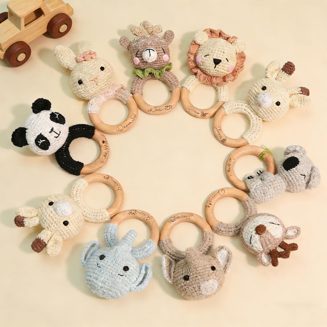 Engraved Name Animal Rattle | Personalized Wood & Cotton Baby Toy - Etsy