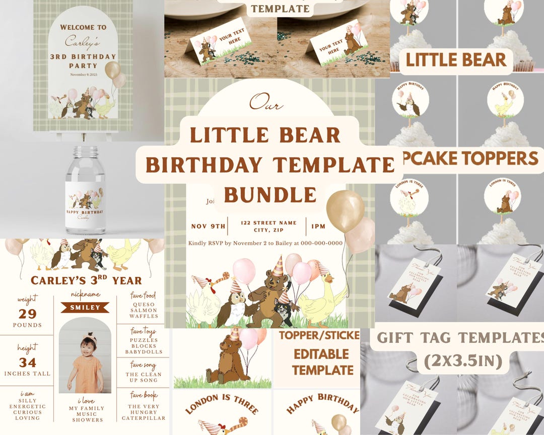 Little Bear Birthday Bundle: Editable Party Templates (digital Download ...