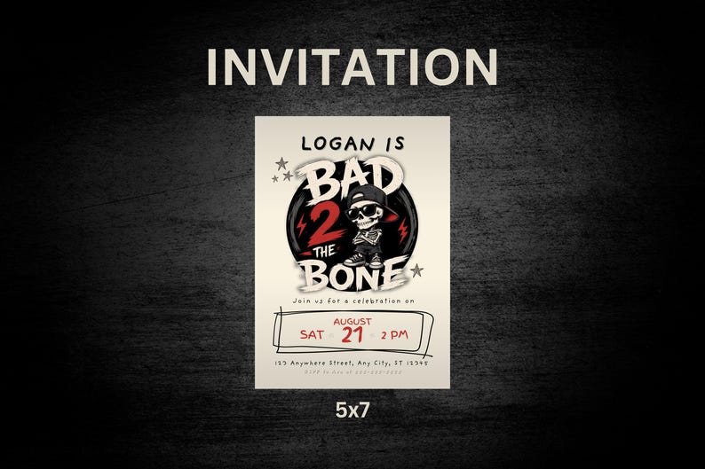 Bad 2 the Bone Skeleton 2nd Birthday Invitation | Kids Party Bundle ...