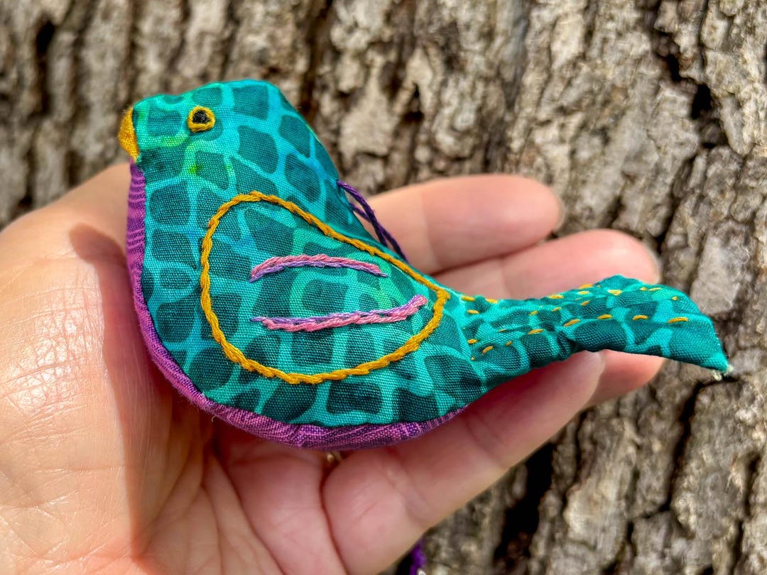 Handmade Embroidered Bird Ornament, Scrappy Fabric Stuffie, Handsewn ...