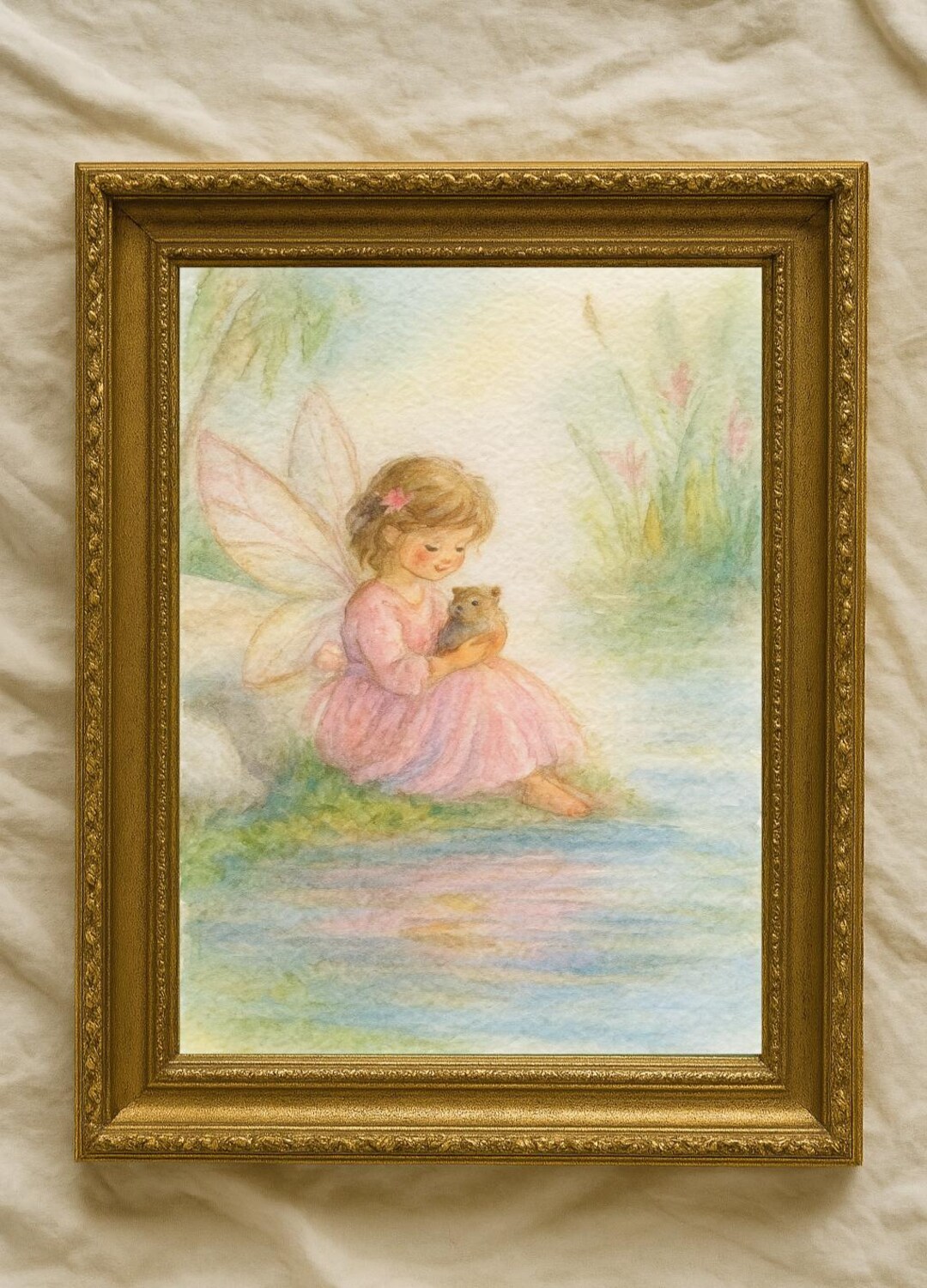 Watercolor Fairy With Hamster by the Pond – Whimsical Pastel Art Print ...
