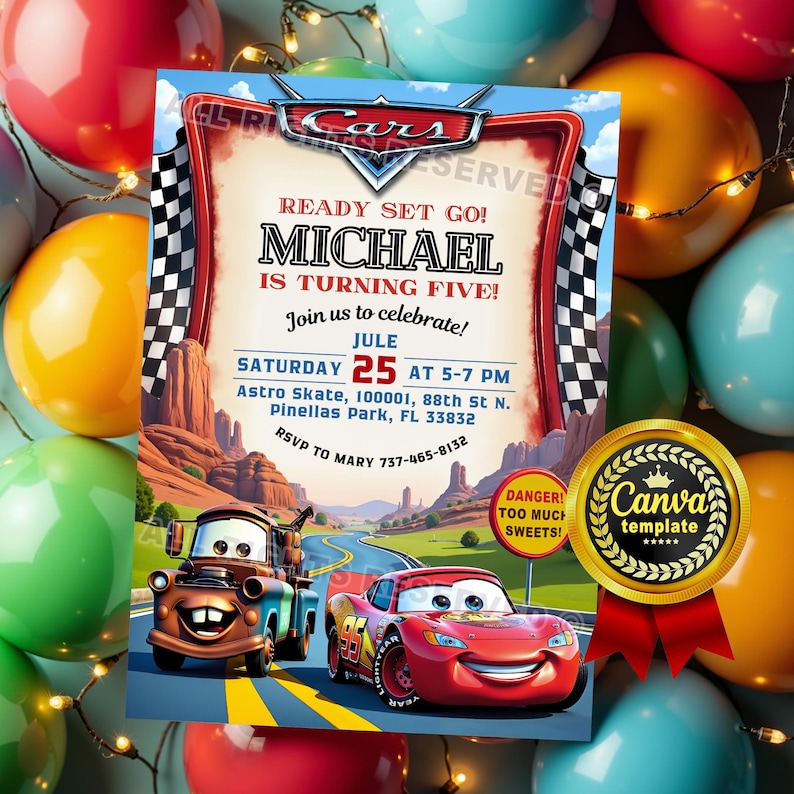 Cars Lightning Mcqueen Birthday Invitation - Editable Canva Template ...