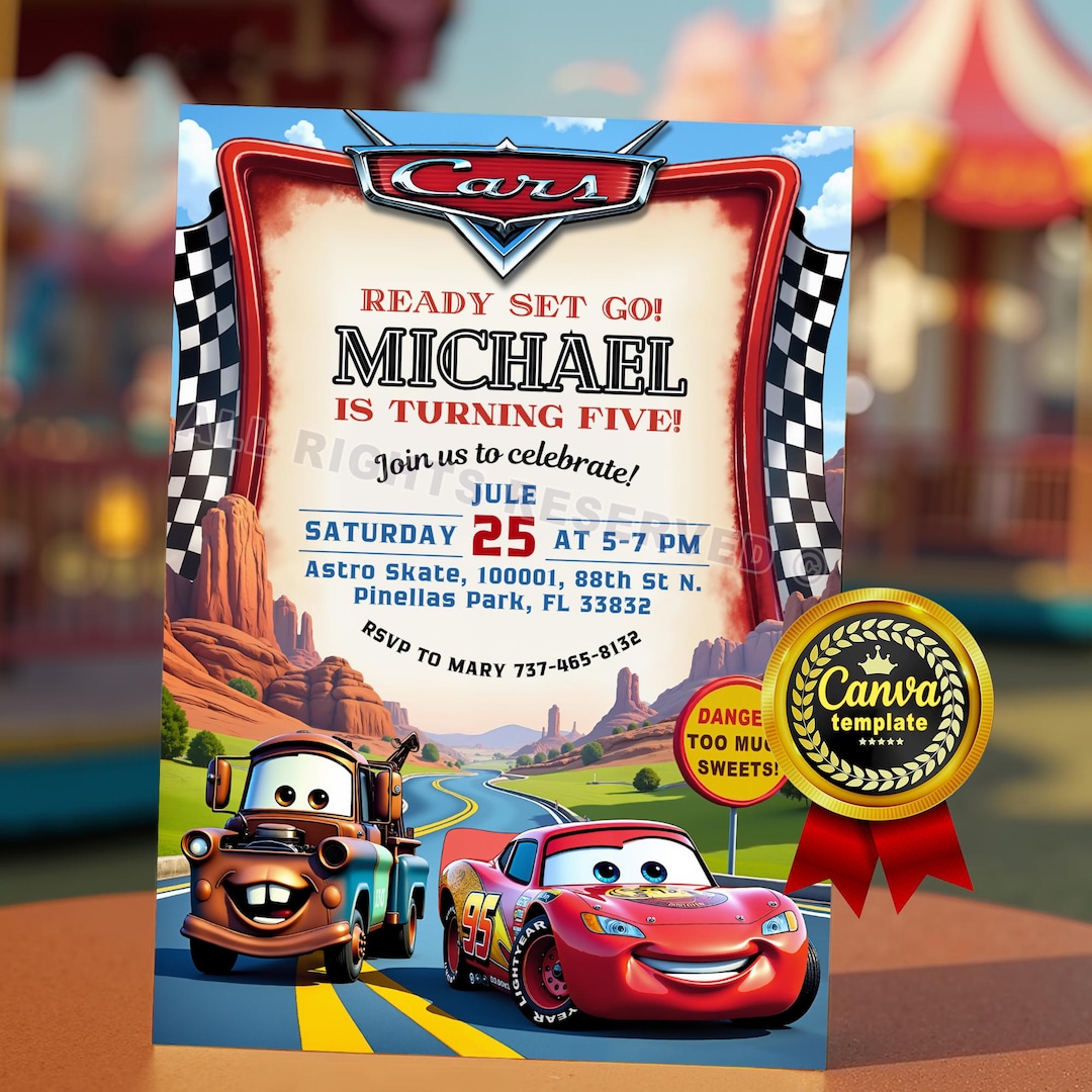 Cars Lightning Mcqueen Birthday Invitation - Editable Canva Template ...