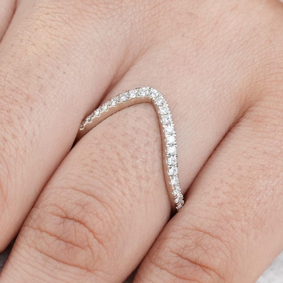 Curved Diamond Wedding Band, V Shaped Lab Grown Diamond Ring, 14K Gold ...
