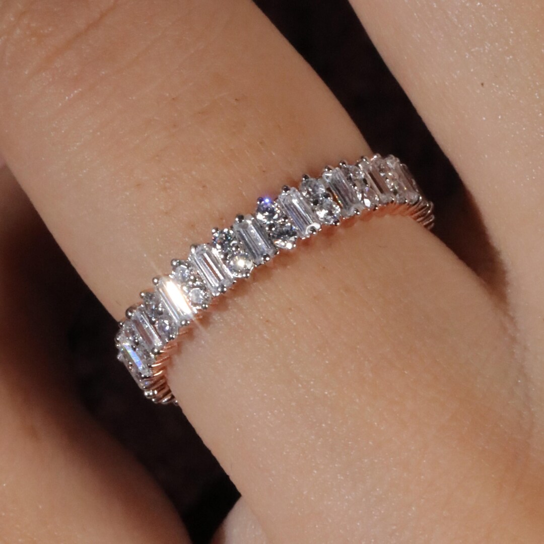14K Gold Diamond Eternity Band, Alternating Diamond Band, Dainty ...