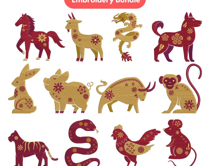 Chinese Zodiac Machine Embroidery Design Pack 12 Designs Zodiac ...