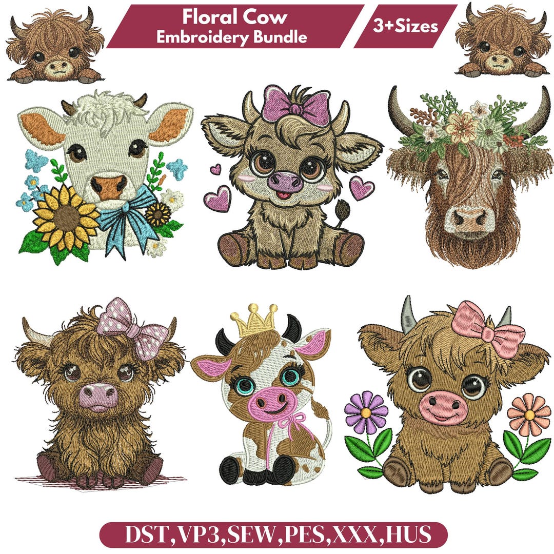 Cute Highland Cow Machine Embroidery Design Bundle Baby Highland Cows ...