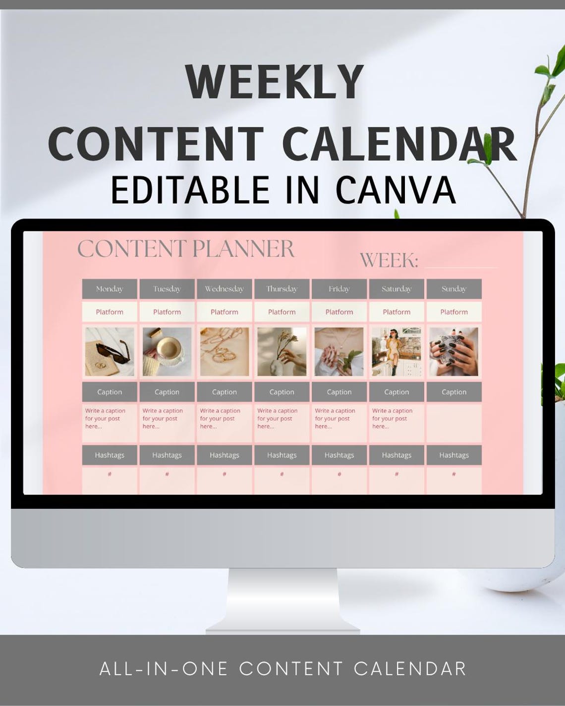 Weekly Content Calendar: Social Media Planner Canva Template (digital ...