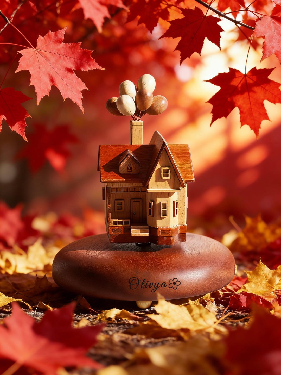Engraved Wooden Cottage Music Box With Balloons, Handmade Nursery Decor ...