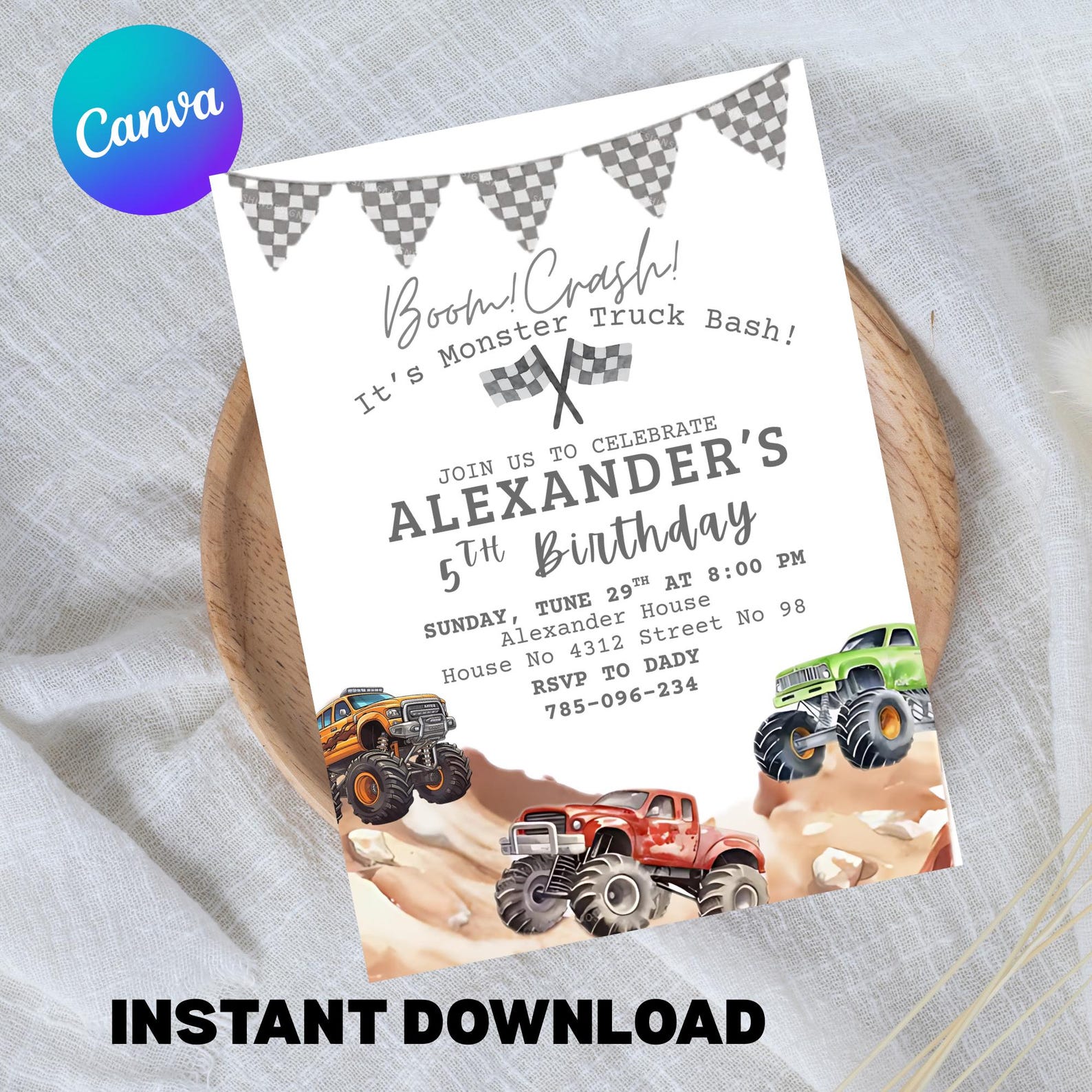 Monster Truck Invite, Editable Monster Truck Birthday Invitation ...