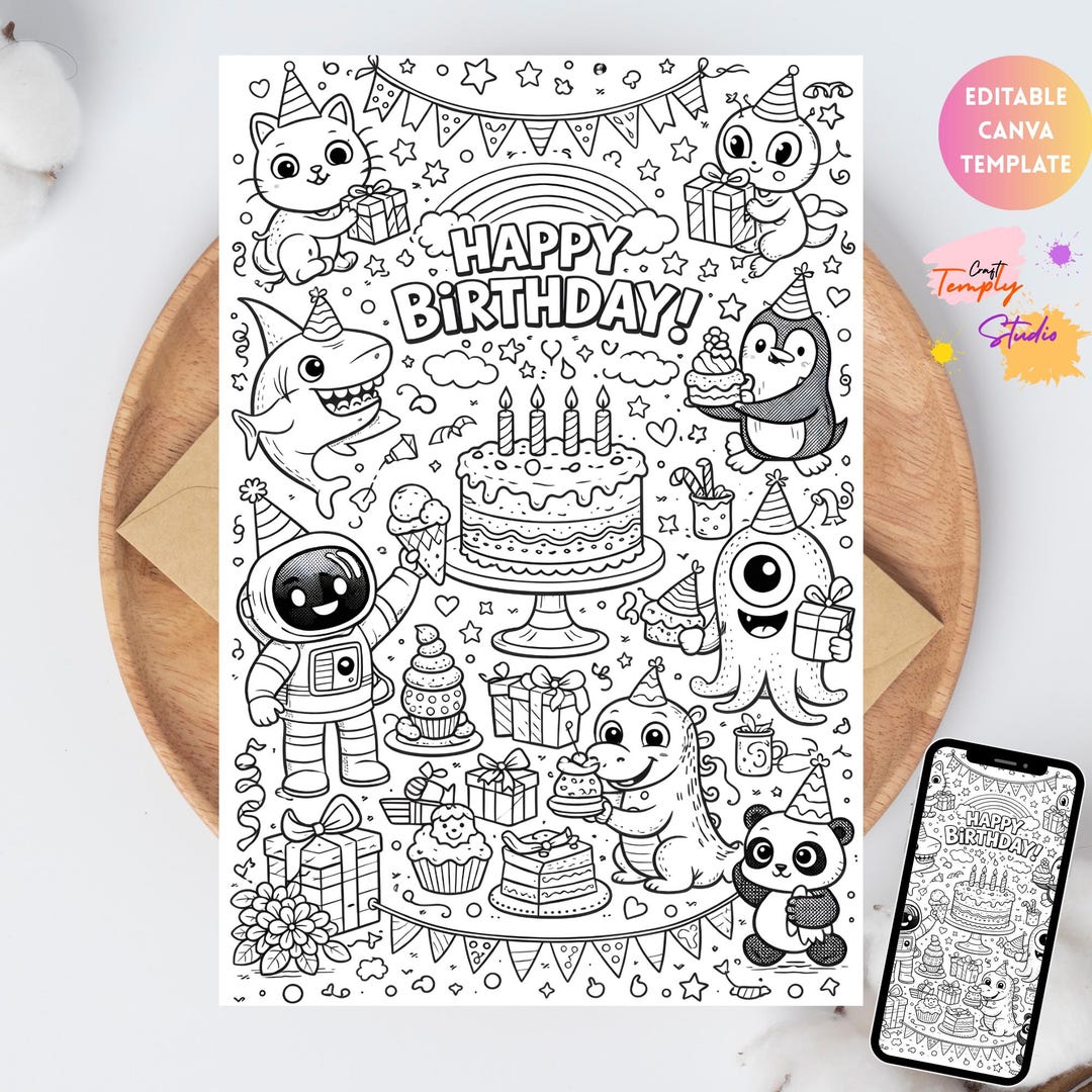Happy Birthday Coloring Card DIGITAL | Colouring Greeting Card for Kids ...