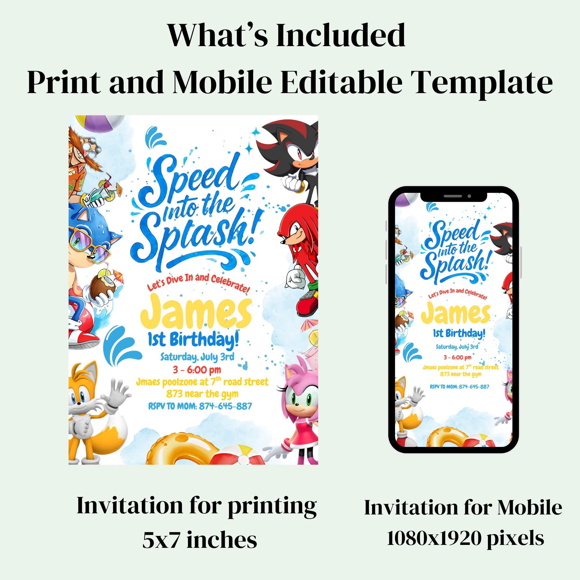 Sonic Pool Party Birthday Invitation – Sonic the Hedgehog Summer Party ...