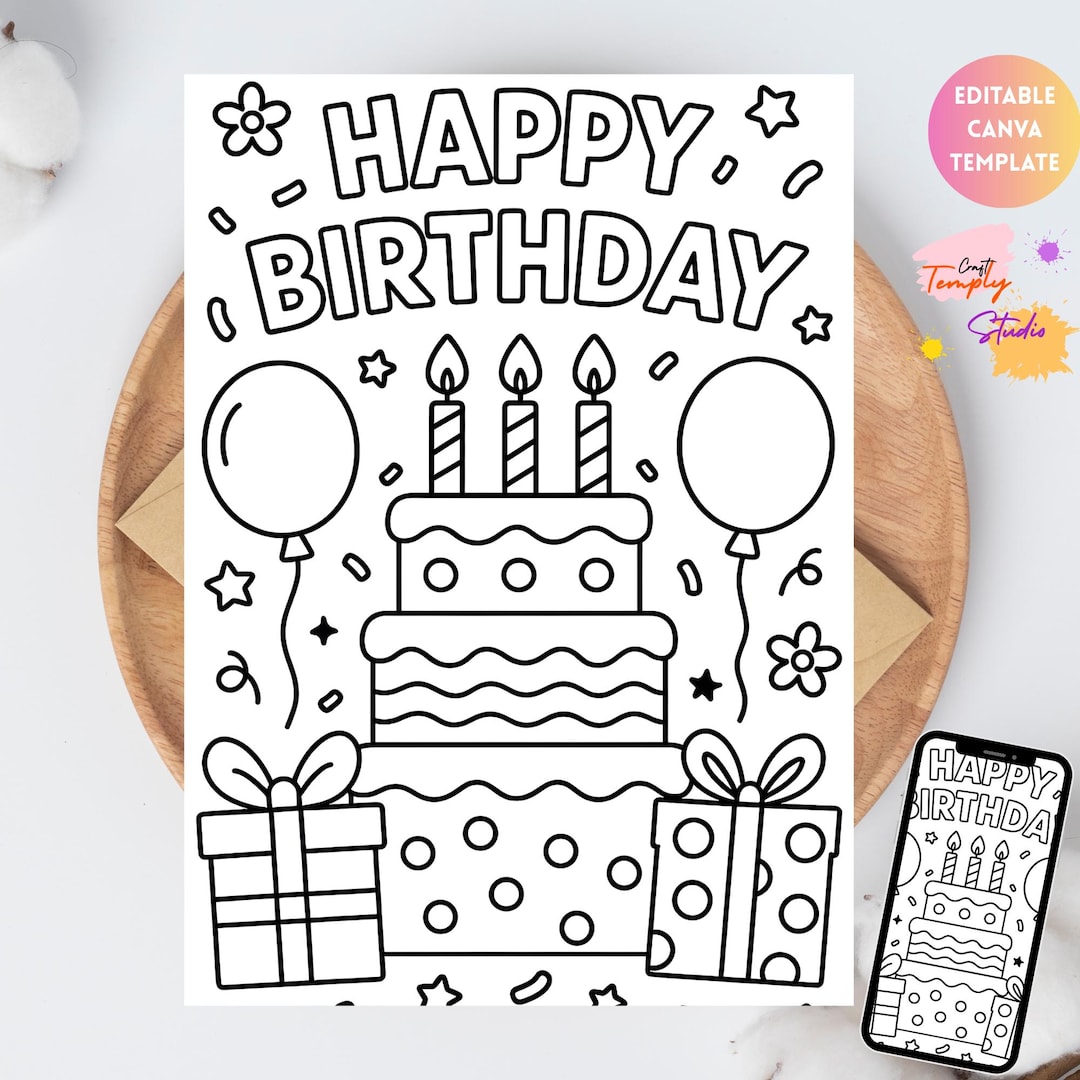 Happy Birthday Coloring Card DIGITAL | Colouring Greeting Card for Kids ...