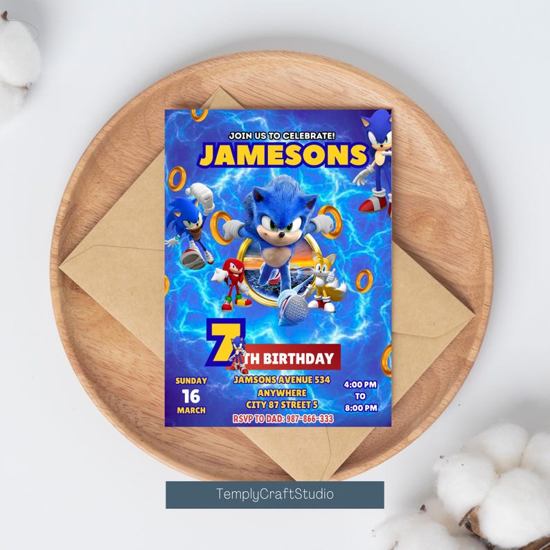 Sonic Birthday Invitation for Kids Party, Sonic the Hedgehog Boys Party ...
