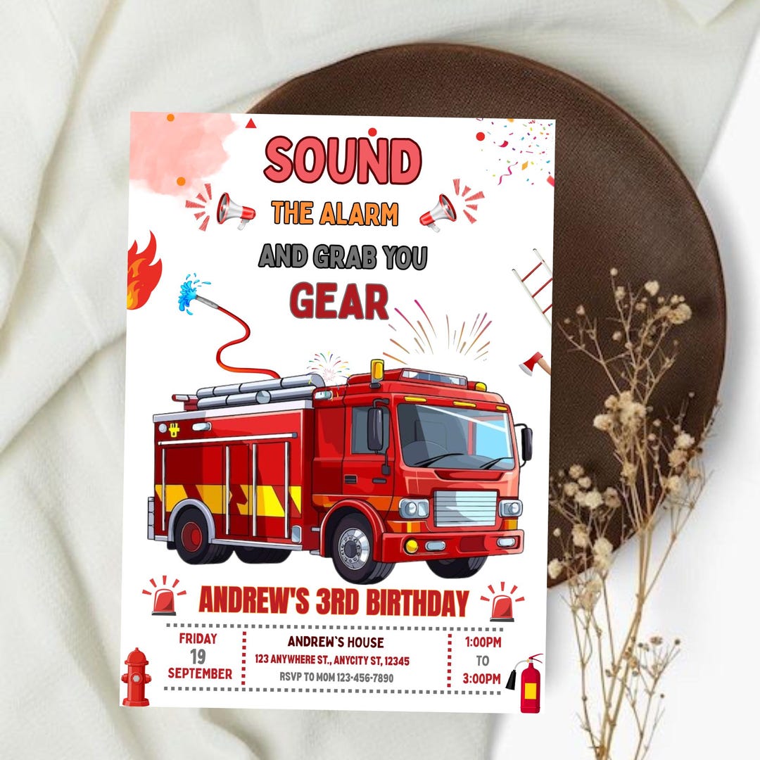 Fire Truck Birthday Invitation Template, Firetruck Invitation, Fire ...