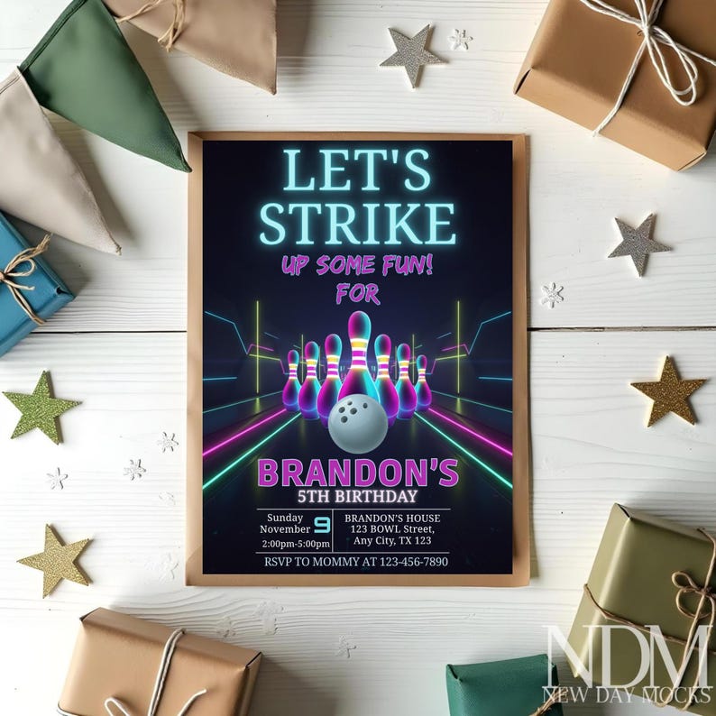 Editable Bowling Birthday Invitation, Glow Bowling Invitation, Strike ...