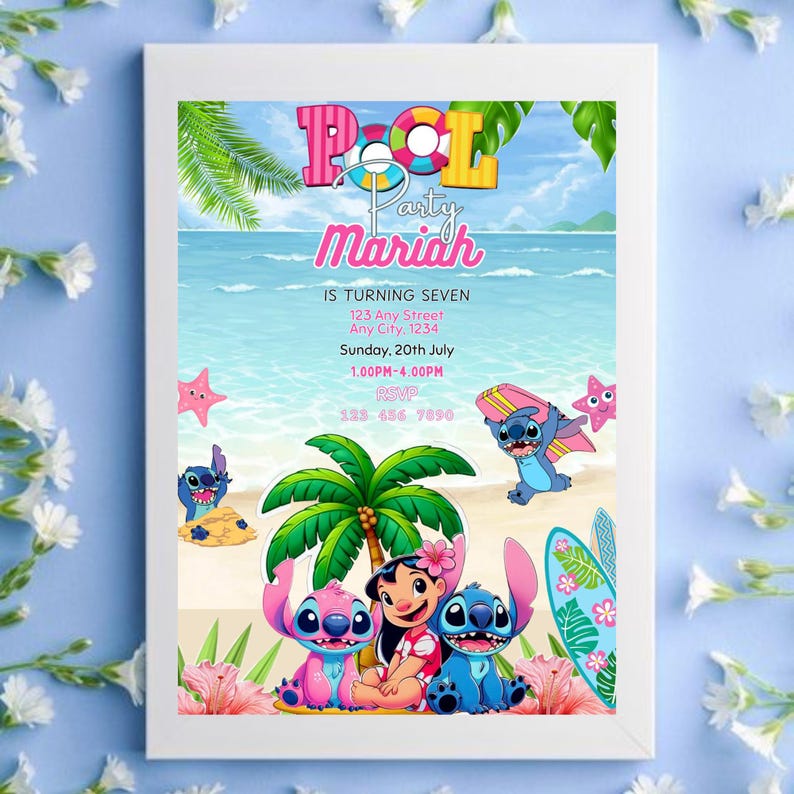 Editable Stitch Pool Party Birthday Invitation Girls, Lilo and Stitch ...