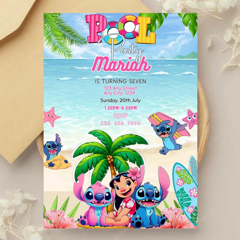 Editable Stitch Pool Party Birthday Invitation Girls, Lilo and Stitch ...