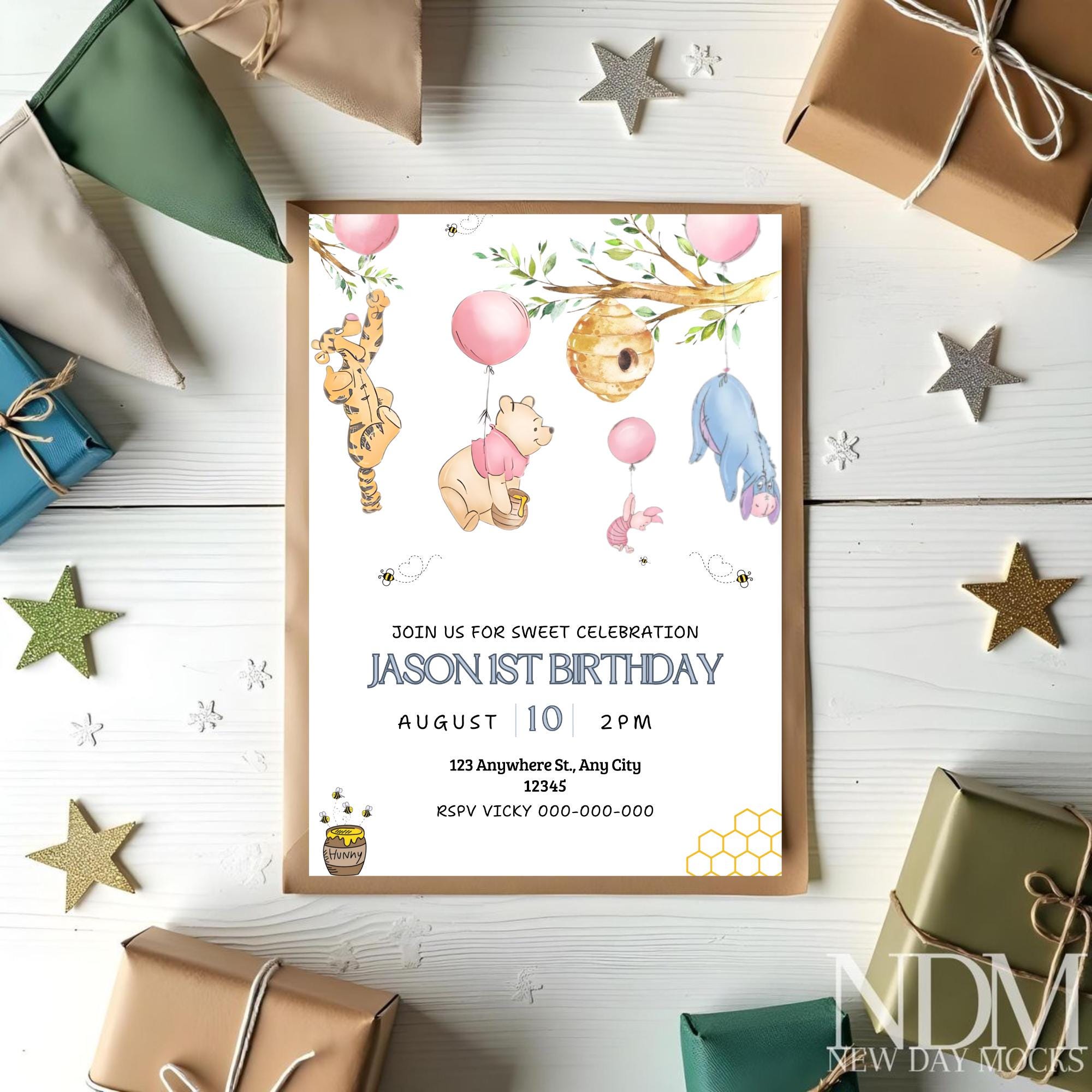 Editable Winnie the Pooh Birthday Invitation, Classic Winnie the Pooh ...