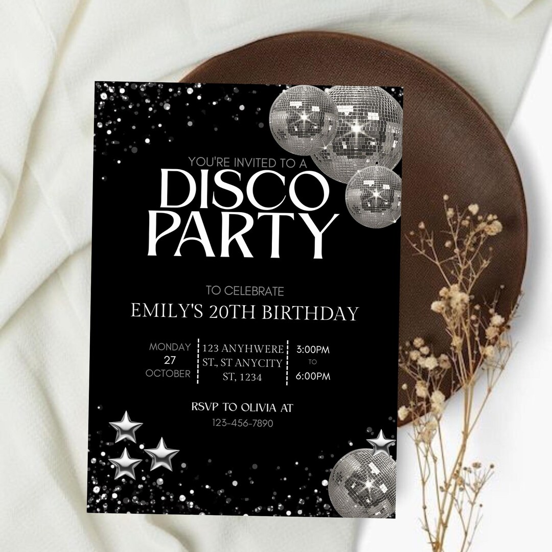 Editable Disco Party Birthday Invitation, Disco Ball Birthday, Black ...
