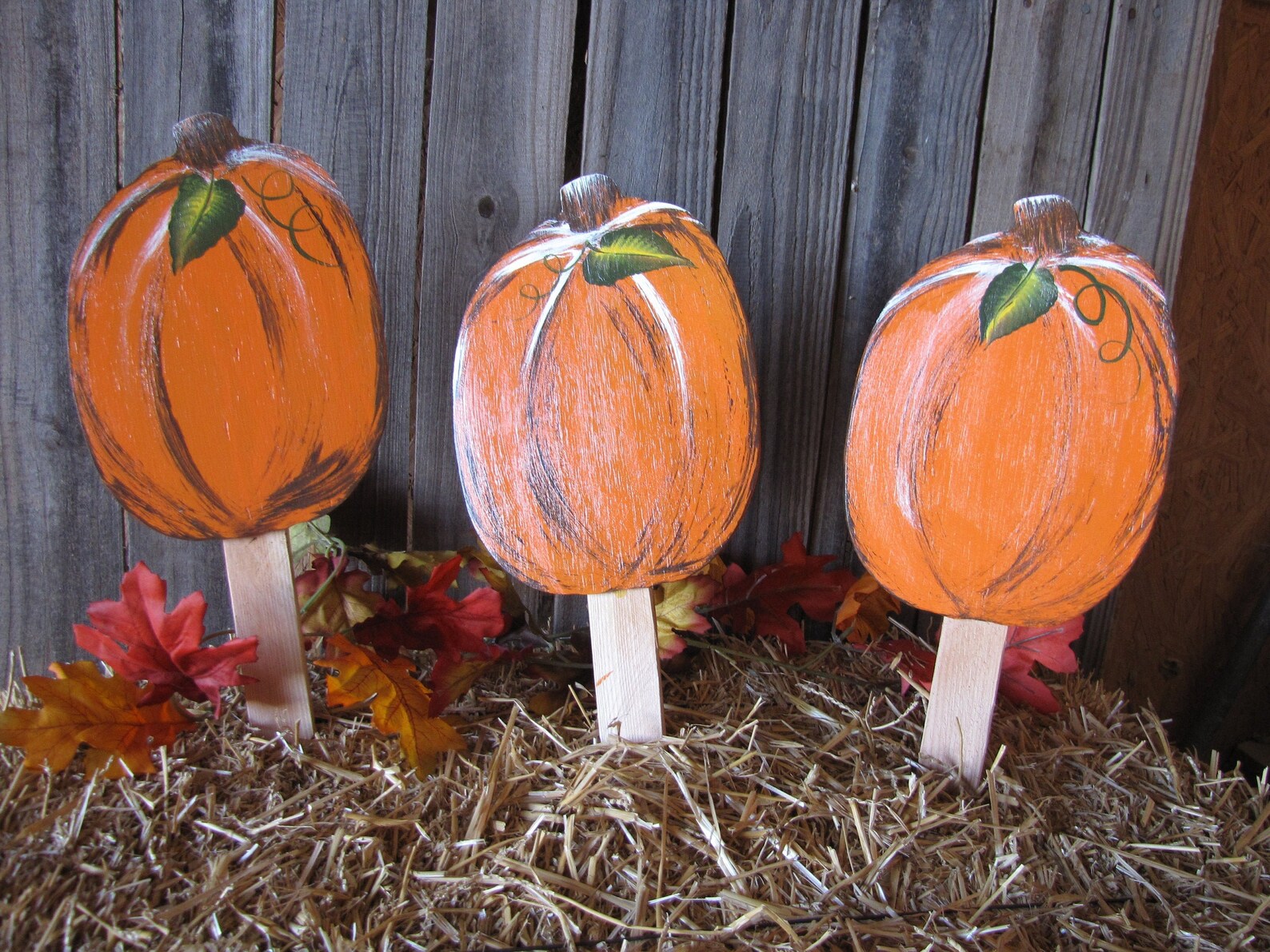 Wooden Pumpkin Garden Stake Set of 3 Fall Garden Decorations - Etsy