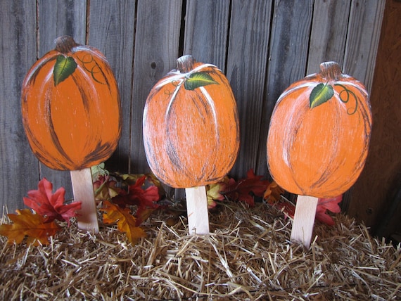 Wooden Pumpkin Garden Stake Set of 3 Fall Garden Decorations - Etsy